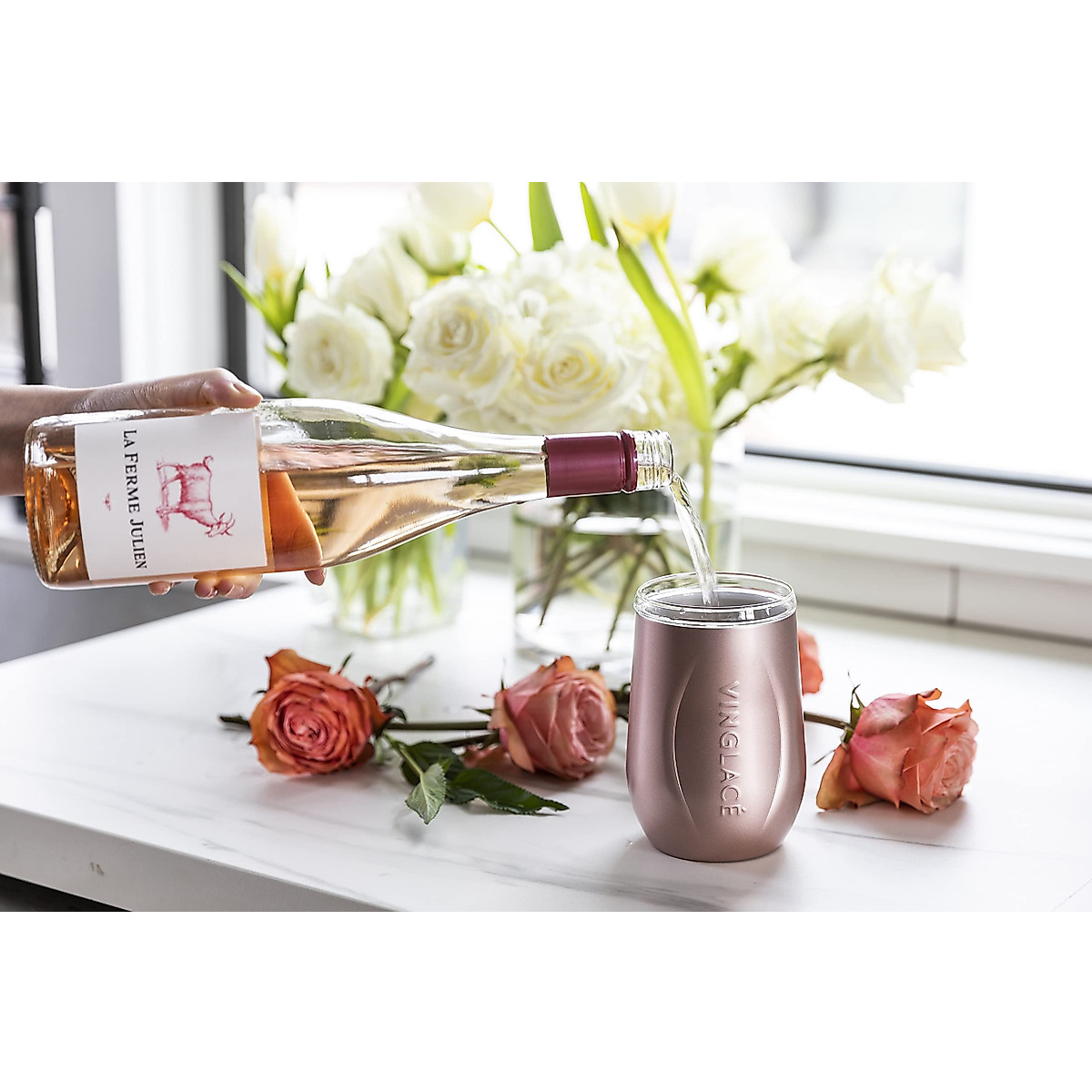 Vinglacé Stainless Steel Stemless Wine Glass- Insulated Wine Tumbler with Glass Insert and Sip Lid, 10 oz, Rose Gold