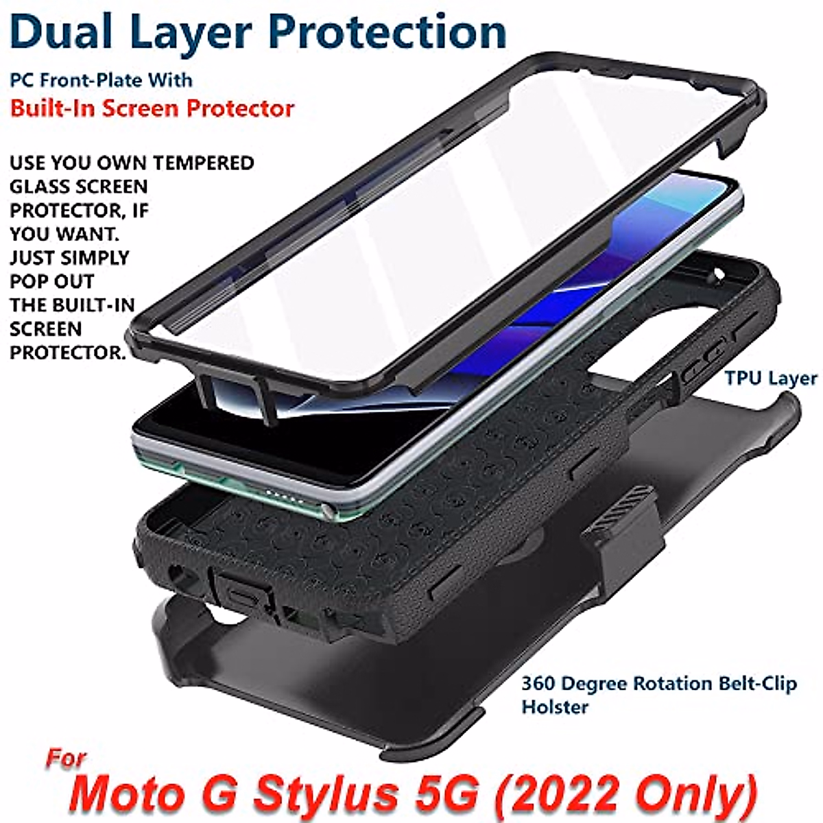 Covrware Aegis Series Case for Moto G Stylus 5G 2022 / XT2215, Full-Body Rugged Dual-Layer Shockproof Protective Swivel Belt-Clip Holster Cover with Built-in Screen Protector, Kickstand, Black