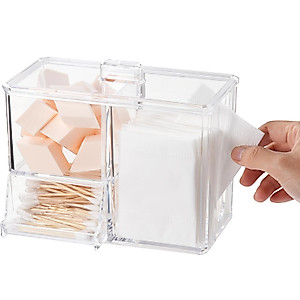 Varku Cotton Pad Holder, 3 in 1 Clear Makeup Organizer, Q Tips Holder, Cotton Swab Holder, Makeup Pad Box, Cosmetic Storage Case for Bathroom Bedroom, 6.97 x 4.33 x 5.55 inches