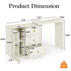 RoyalCraft Makeup Vanity Desk, Extendable Corner Vanity Makeup Table with 3 Drawers & 1 Door, Modern Dressing Table for Bedroom, Cream White Makeup Vanity Without Mirror