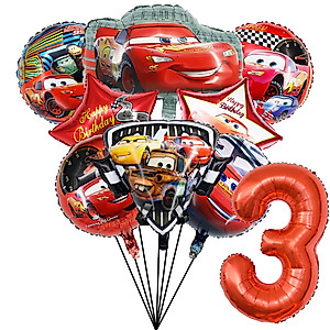Cars Birthday Party Supplies - 9pcs Cars Lightning McQueen Foil Balloons for Kids 3rd Birthday Party Decorations (3rd)