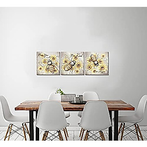 iHAPPYWALL 3 Pieces Honey Bee Canvas Wall Art Insect Bee Yellow Sunflower Bee Kind Happy Bee You Motivational Quotes Artwork for Kitchen Bedroom Modern Home Decor Framed Ready to Hang 12x12inchx3pcs