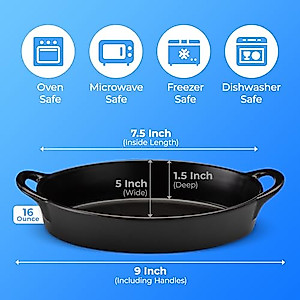 Oval Au Gratin Baking Dishes for Oven Safe and Microwave Cooking and Baking, 4 Pc. Dish Set, Heat Resistant Ceramic with Handles for Serving, Small Mini Casserole Dish, 8” x 5”, 16 oz, Matte Black