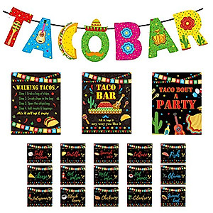 Taco Bar Decoration Kit Mexican Banner Table Sign Food Tent Cards Cinco De Mayo Fiesta Birthday Party Bachelorette Bridal Shower Favors Supplies,Set of 22