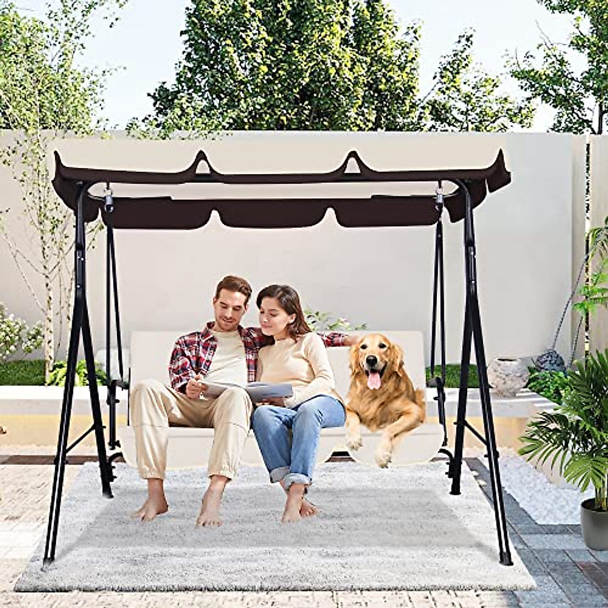 QZEN 3-Seat Porch Swing with Stand, Outdoor Patio Swing Chair with Adjustable Canopy and Durable Steel Frame for Patio, Backyard