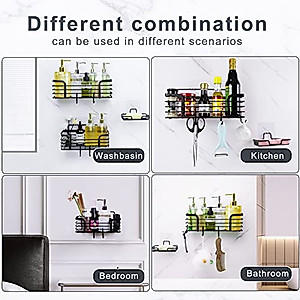 Shower Caddy, Adhesive Shower Organizer with Soap Dish and 4 Hooks, Rustproof Stainless Steel Shower Shelves, Wall Mounted No Drilling Storage Shelf Basket Accessories for Bathroom & Kitchen