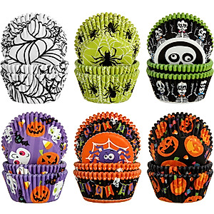 600 Pieces Halloween Cupcake Liners Halloween Pumpkin Colorful Donuts Baking Cups Disposable Paper Cupcake Wrappers Muffin Case Trays Baking Wraps for Halloween Birthday Party (Delicate Style)