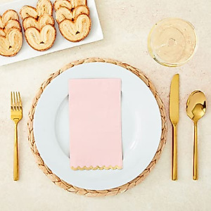 50 Pack Pink Paper Dinner Napkins with Gold Foil Scalloped Edges for Birthday Party, Wedding (3-Ply, 4 x 8 In)