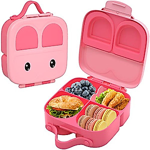 Portable Bento Boxes - Plastic Pink Lunch Box Daycare for Kids, Bento Snack Box for Toddlers Silicone Bento Box Travel Snack Containers for School, 4 Compartments Meal Prep Food Container kids (Pink)