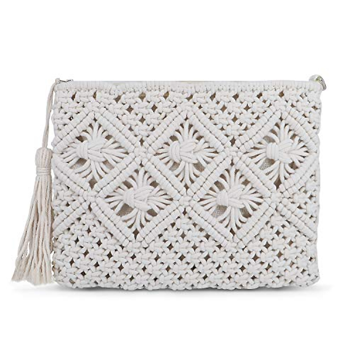 QTKJ Women's Summer Beach Straw Crochet Clutch Bag Woven Envelope Tassel Bag with Zipper (White)