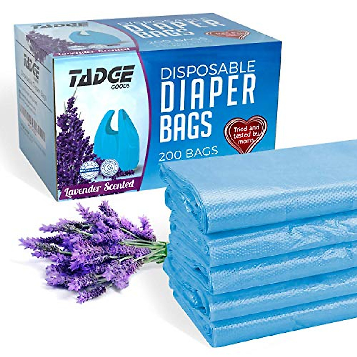 Tadge Goods Baby Disposable Diaper Bags Scented with Lavender - Odor Absorber Biodegradable Plastic Diaper Sacks for Trash Bag Essential Items - Bags for Dirty Diapers - Refill 200 Count (Blue)