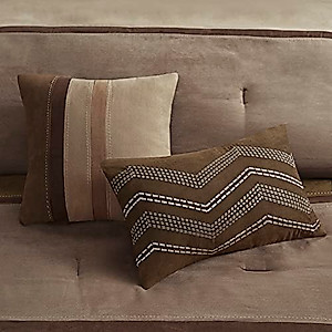 Madison Park Palisades Comforter Set Modern Faux Suede Pieced Stripe Design, All Season Down Alternative Cozy Bedding with Matching Shams, Decorative Pillows, Queen(90"x90"), Brown 7 Piece