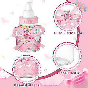 Nuenen 36 Pcs Baby Shower Bottles Baby Shower Mini Milk Bottle Plastic Bear Mini Baby Bottles for Baby Shower Candy Bottles with Ribbon for Baby Shower Favor Gift (Pink)