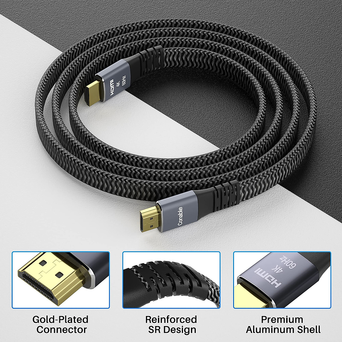 Flat HDMI Cable (2 Pack, 2FT+ 2FT), 4K HDMI High Speed Braided Cord, Pure Copper, Supports 4K@60Hz 2160p 1080p HDR HDCP 2.2 ARC Full 3D (with 25 Ties and 2 HDMI Adapters)- 2 Feet-2 Pack