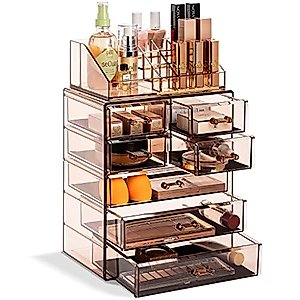 Sorbus Clear Cosmetic Makeup Organizer - Make Up & Jewelry Storage, Case & Display - Spacious Design - Great Holder for Dresser, Bathroom, Vanity & Countertop (3 Large, 4 Small Drawers - Bronze Glow)