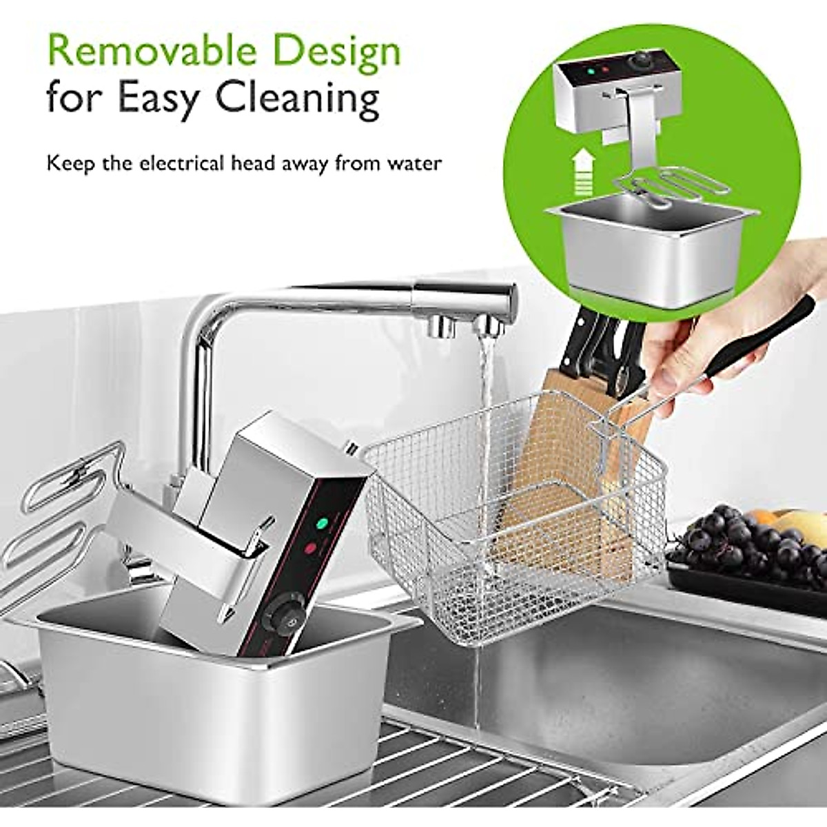 Commercial Deep Fryer with Basket - Simoe 1700W 6.7QT Countertop Stainless Steel Electric Fryer with Removed Tank, Temperature Control and Lid for Kitchen, Home, Restaurant