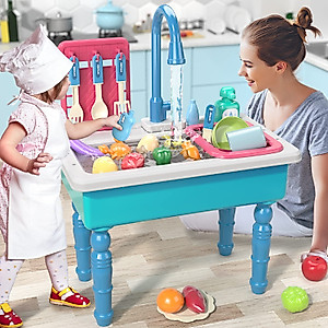 SmartChef Play Kitchen Sink Toys, Blue Electric Dishwasher Playing Toy with Running Water, Play Food & Tableware Accessories, Kitchen Set Toys, Role Play Sink Set for Toddlers Kids Boys Girls