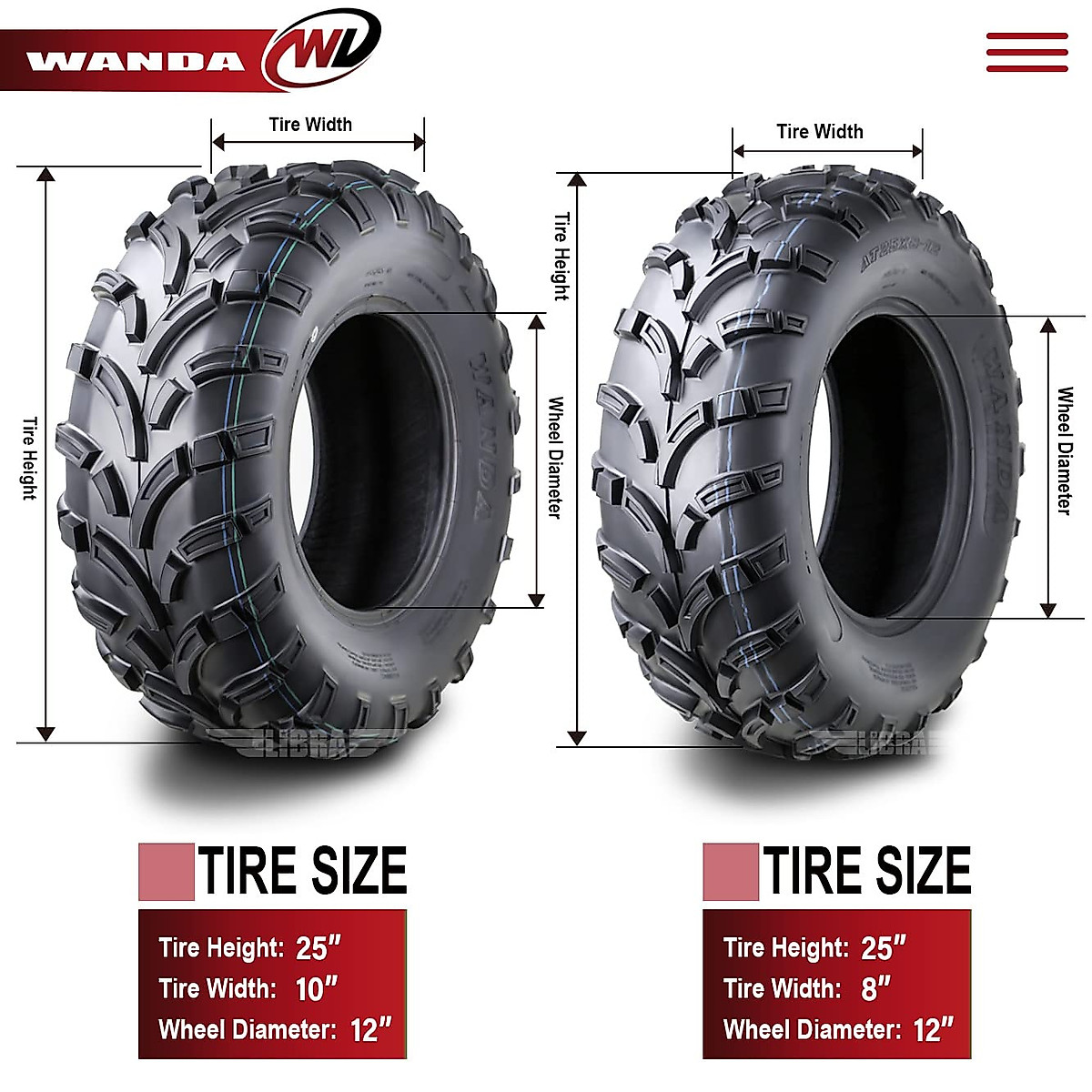 16-20 Polaris RANGER 500 570 ATV Tire Set WANDA 25x8-12 25x10-12 lite Mud