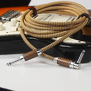 mffmffm Audio Instrument Cable 20 ft, Bass AMP Cord for Electric Guitar, 1/4 Inch Guitar Cable Pro Audio, Black & Glod Braided Tweed (Right Angle to Straight)