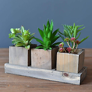 Set of 3 Fake Succulents Plants, Artificial Succulents with Rustic Style Wood Square Pots & Rectangular Tray, Desktop herb Garden Mini Faux Succulents for Home Décor
