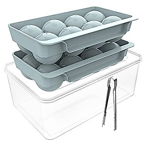 Unigul Ice Cube Trays for Freezer, 2.5'' Ice Ball Maker Mold, 2Pack Round Ice Cube Mold, Whiskey Ice Mold with Lid, Bin&Clip, Large Ice Cube Tray Making 16PCS for Chilling Cocktails &Bourbon&Whiskey