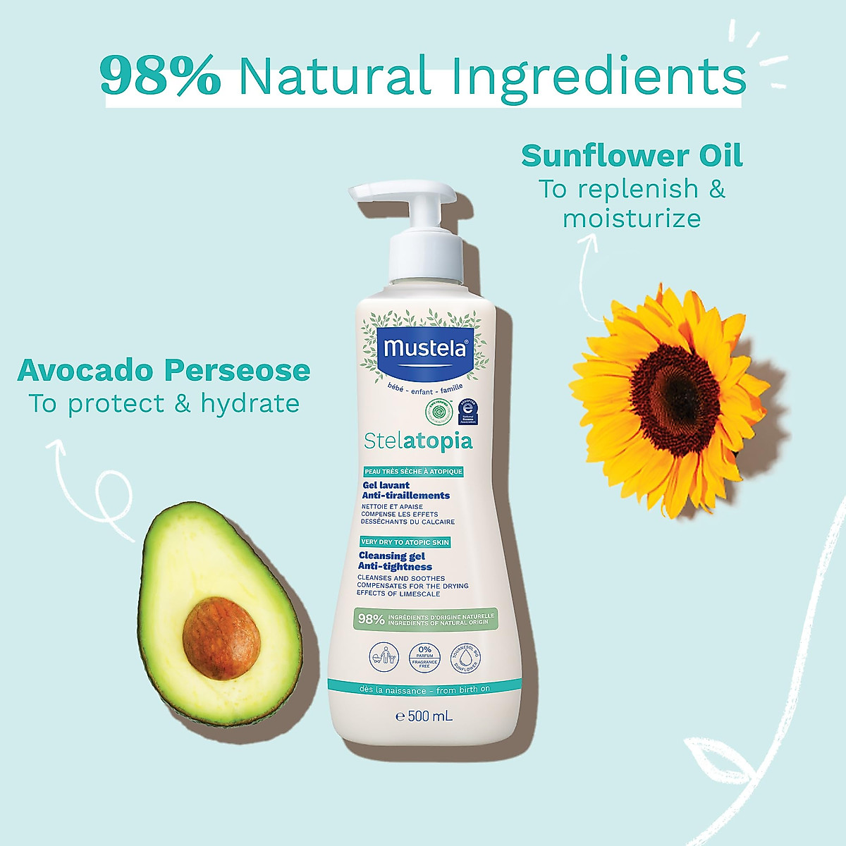 Mustela Stelatopia Eczema-Prone Skin Cleansing Gel - Baby Face & Body Wash with Natural Avocado & Sunflower Oil - Fragrance-Free & Tear Free - 16.9 fl. oz.