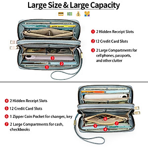 GAEKEAO Wallet for Women Clutch RFID Blocking Leather Wristlet Purse Large Capacity Credit Card Holder with Grip Hand Strap