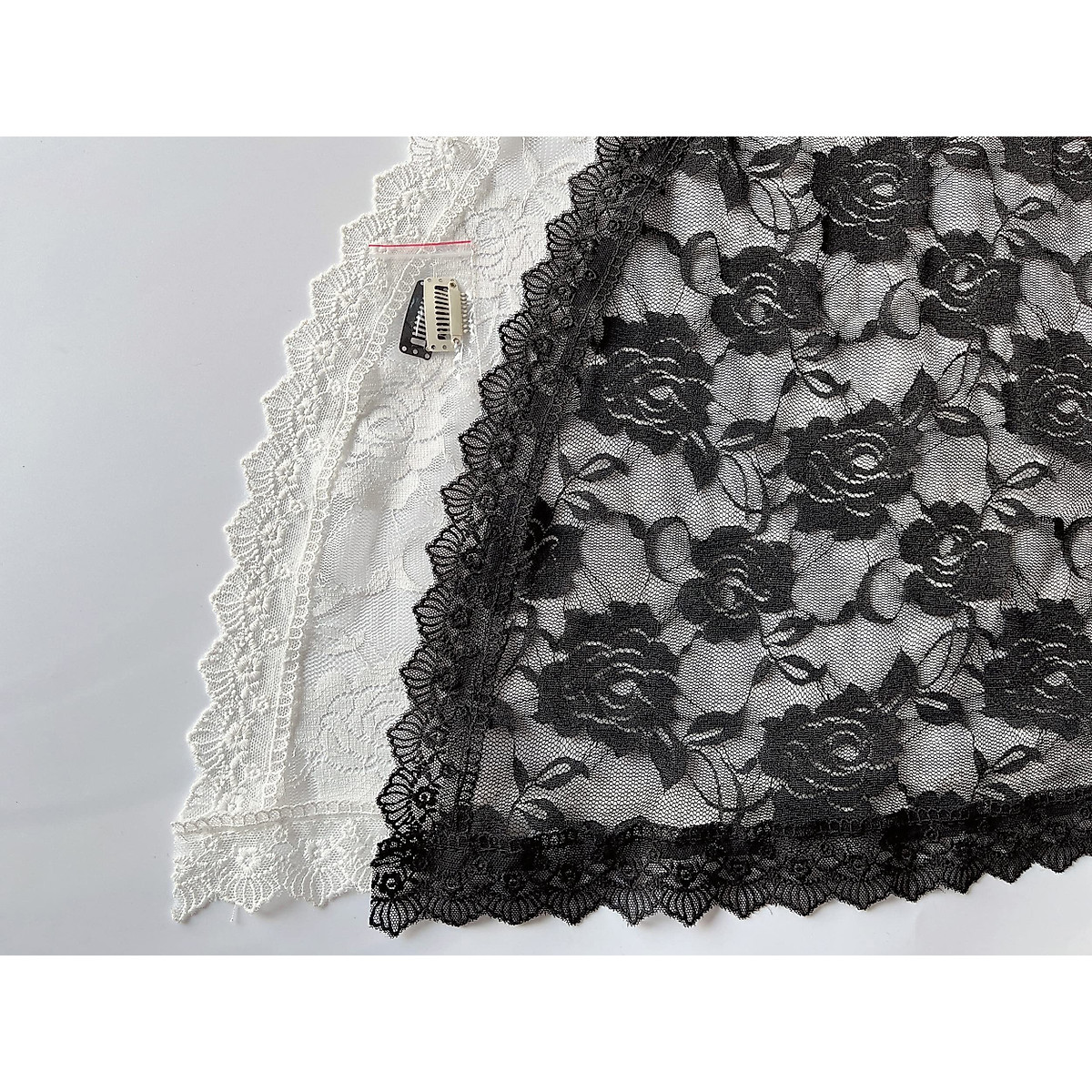 Grettytling Lace Mantilla Veil Soft and comfortable 7 Colors Spanish Style Rose Lace Veil Head Covering D Shape ， 2pcs Black&white