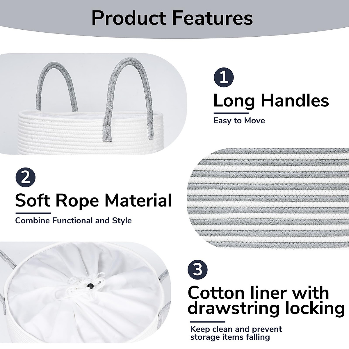 Goodpick Nursery Hamper, 60L Dirty Clothes Hamper for Toys, Blankets, Small Laundry Basket for Living Room, Laundry Bin, 15 x 20 Inches, White&Grey