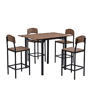 VilroCaz 5-Piece Counter Height Dining Table Set Bar Table Set, Farmhouse Drop Leaf Dining Table, 4 Counter Height Comfort Dining Chairs with Footrest, Space Saving Design (Black Frame)