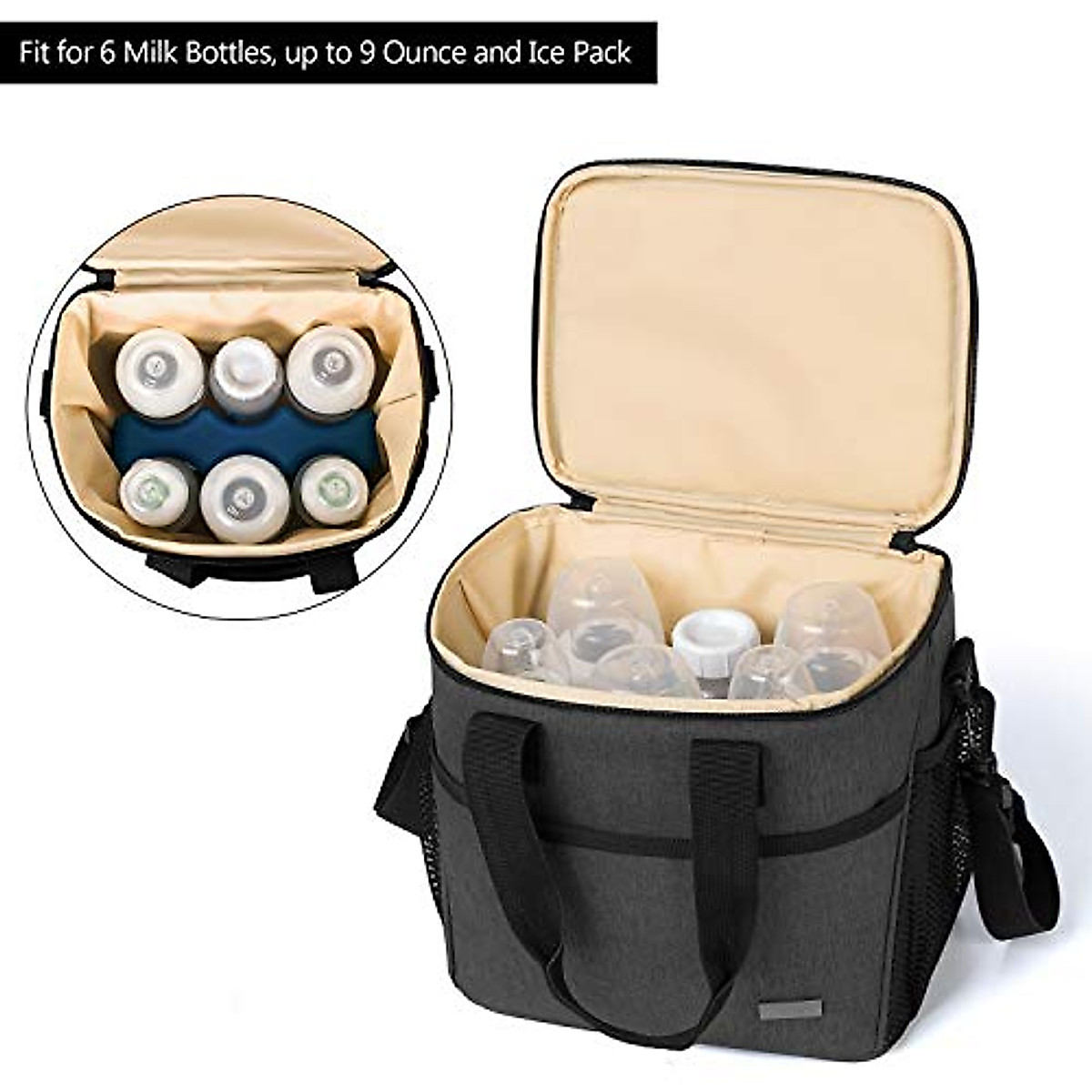 Yarwo Breast Milk Cooler Bag with Ice Pack for 6 Bottles up to 9 Ounce, Insulated Baby Bottles Tote Bag for Breastfeeding Mothers on The go,Black