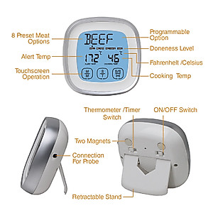 Digital Meat Thermometer for Food in Oven Grill Kitchen, with 1 Stainless Steel Probe and Timer