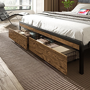 HAOARA King Size Metal Platform Bed Frame with 2 Storage Drawers & LED Light, Velvet Button-Tufted Headboard with Outlet & USB Charging Port, Heavy Duty, Brown Wooden Panel, No Box Spring Needed