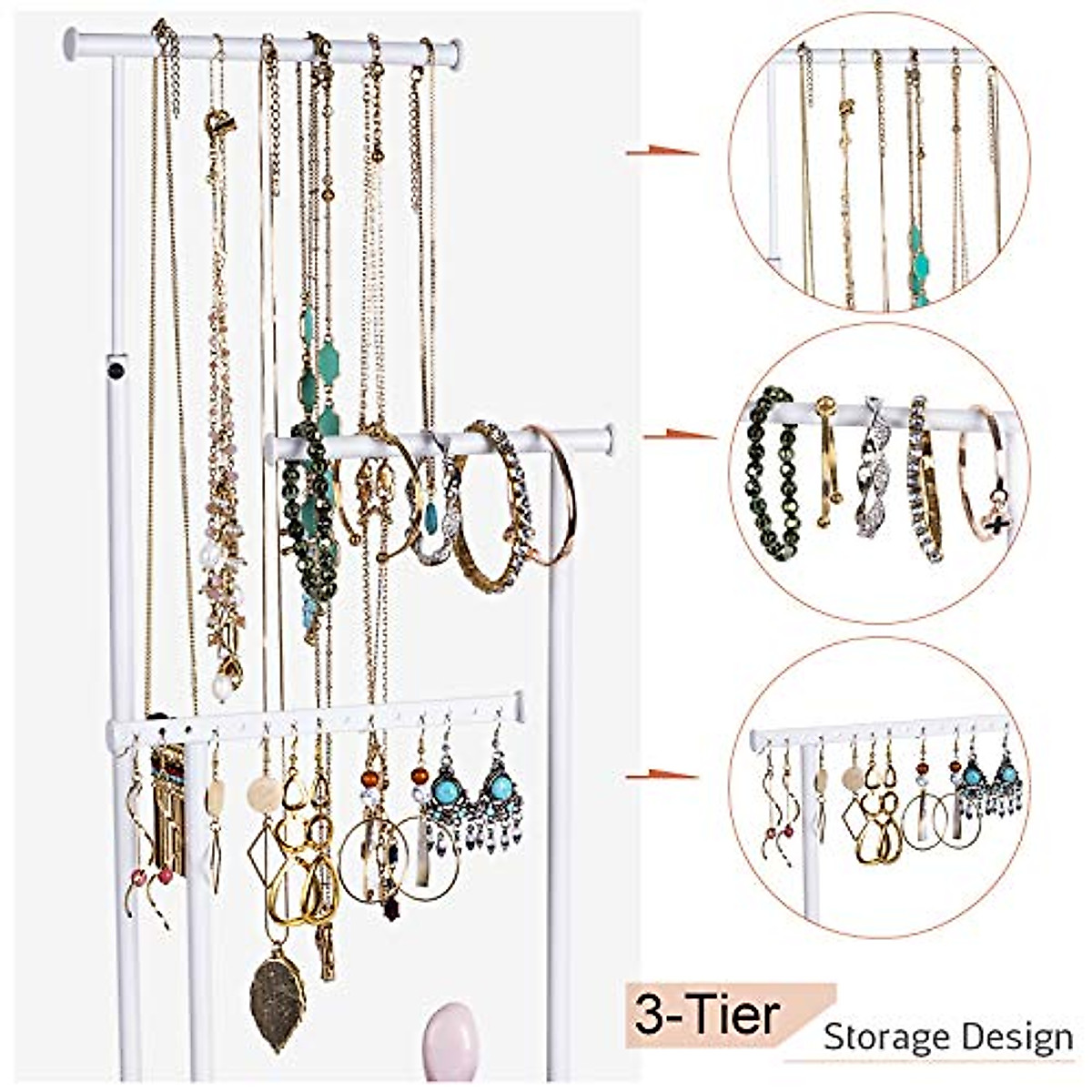 Love-KANKEI Necklace Holder Jewelry Tree Stand Adjustable Height with Large Storage for Necklaces Bracelets Earring Rings Drawer Jewelry Organizer Jewelry Display White and White