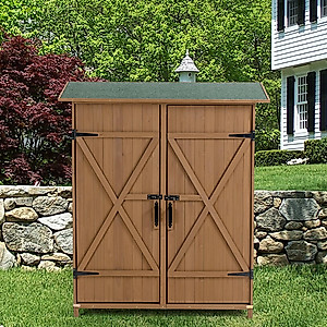 CUANBOZAM Outdoor Garden Storage Shed, Fir Wooden Garden Tool Storage Cabinet, Detachable Shelves, Weather Resistant, Easy to Assemble, Lockers Include Anti-overturning for Home, Yard-Brown