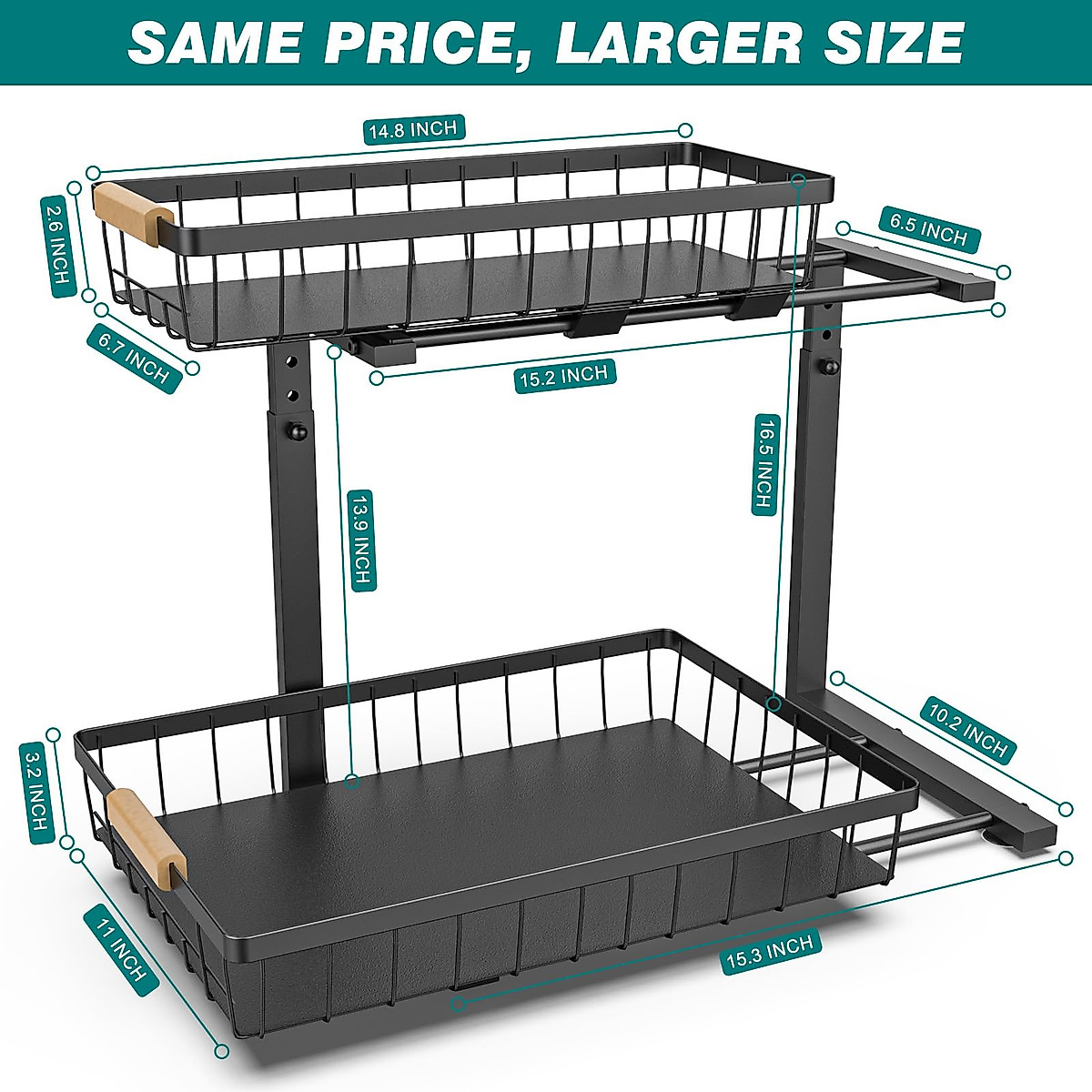 Under Sink Organizer and Storage 2 Pack Height Adjustable Pull Out Cabinet Drawers Organizer 2 Tier Metal Slide Out Sink Shelf Cabinet Storage Shelves for Kitchen Bathroom Cabinet, Black