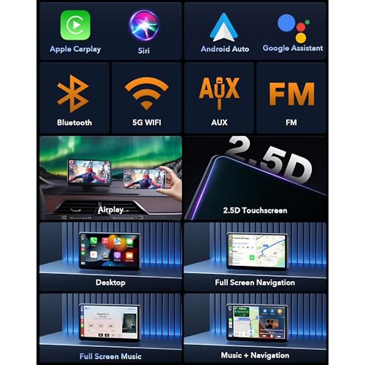 LAMTTO 7" HD Wireless Car Stereo with Apple Carplay & Backup Camera, Portable Touchscreen Android Auto Adapter with GPS Navigation System,Multimedia Player Video Receivers with Bluetooth,Airplay