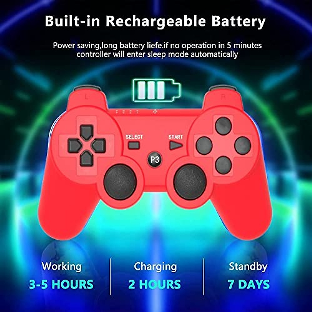 Rzzhgzq 2 Pack PS3 Wireless Controller Playstation 3 Controller Wireless Bluetooth Gamepad with USB Charger Cable for PS3 Console (BLUE+RED)