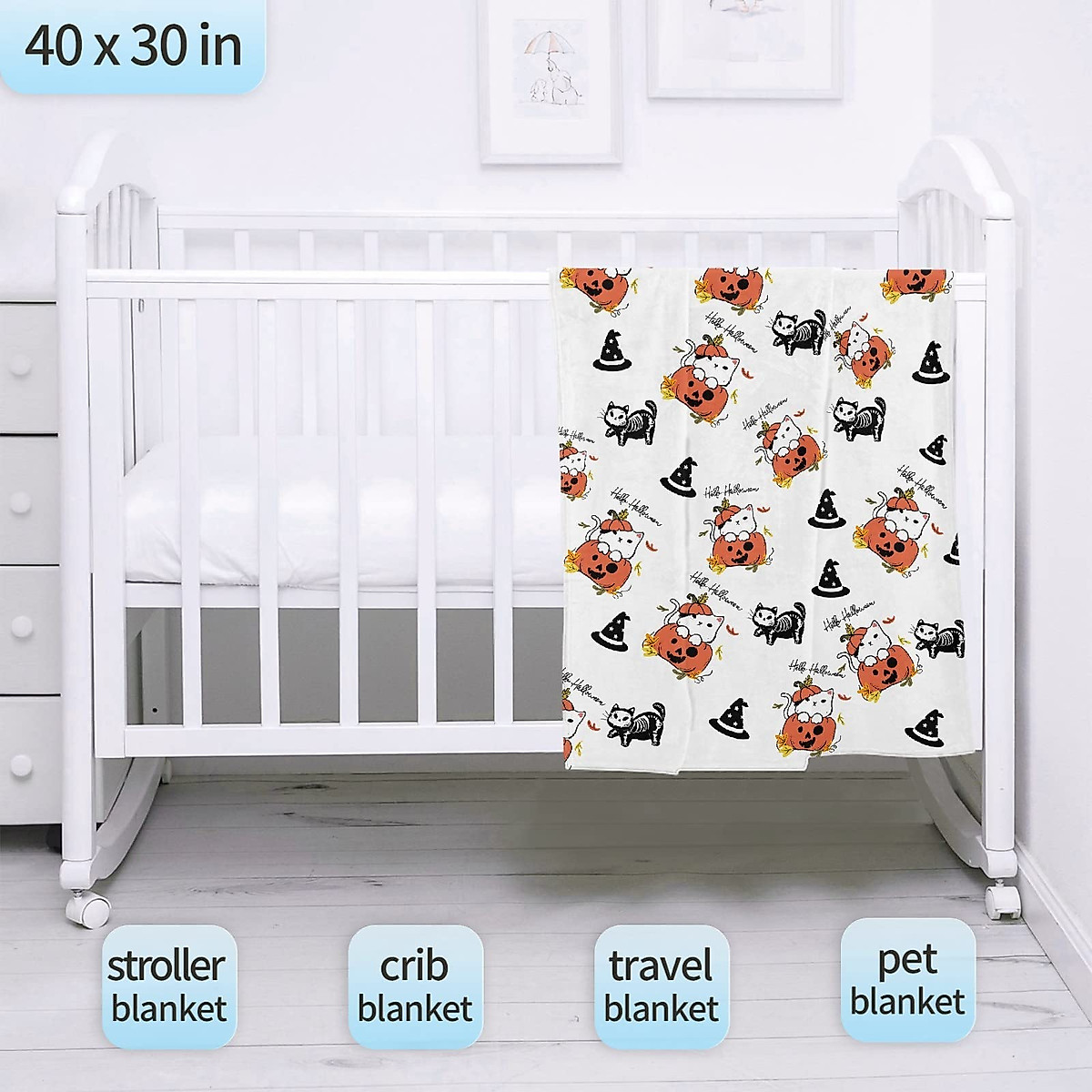 Halloween Pumpkin Cute Cat Skeleton Blanket Microfiber Flannel Throw Lightweight Super Soft Cozy Blankets for Couch Bed Sofa Chair, Gift for Birthday Thanksgiving Halloween 50"x40"for Kids