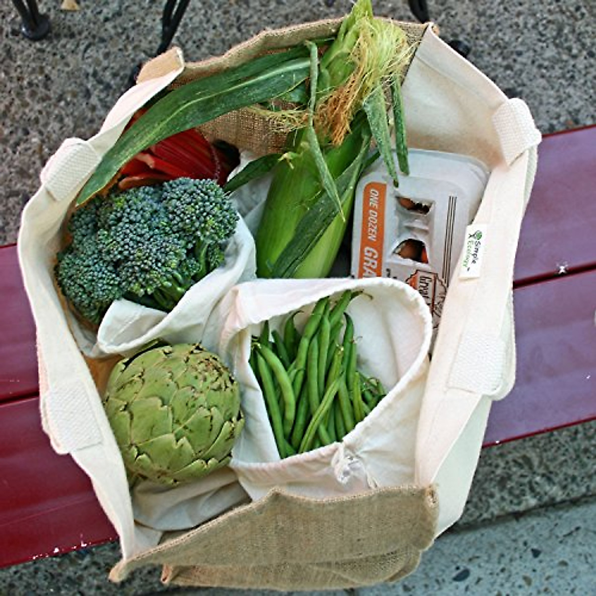 Simple Ecology Reusable Farmers Market Shopping 6 Bag Gift or Starter Set, Durable, Organic Cotton and Jute, Natural with Brown