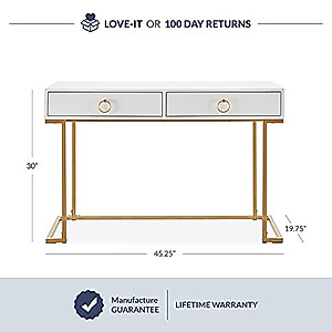 BELLEZE Modern 45 Inch Makeup Vanity Dressing Table or Home Office Computer Laptop Writing Desk with Two Storage Drawers, Wood Top, and Gold Metal Frame - Chelsea (White)