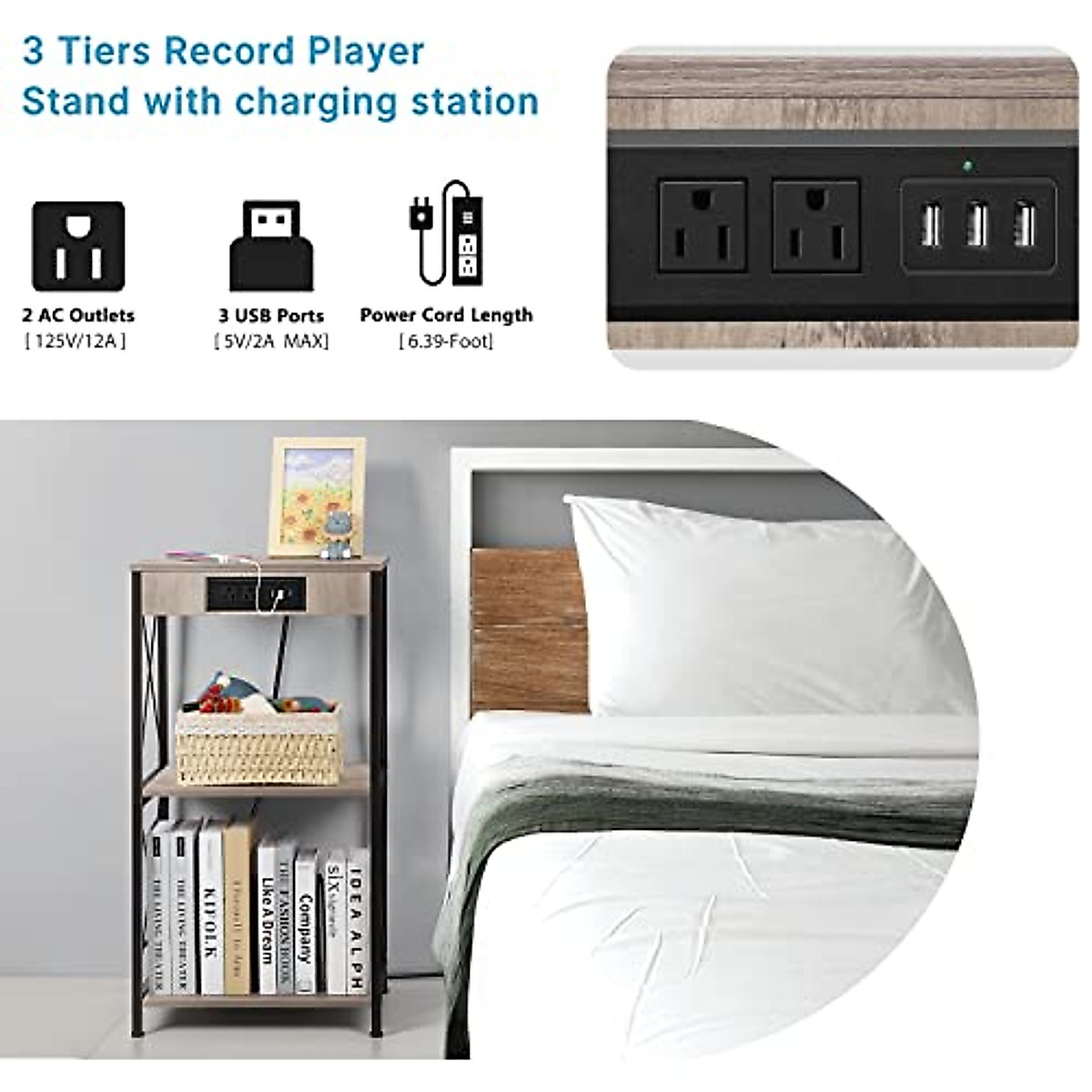 Vrisa 3-Tier Vinyl Record Storage Shelf Record Player Stand with Charging Station, Grey