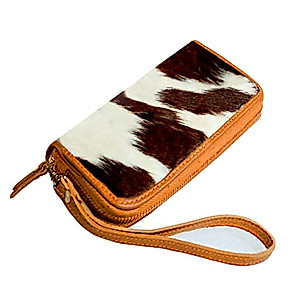 Womens Zipper Wristlet Cowhide Clutch Real Leather Wallet Purse, Handbag Organizer for women Size 8 x 4 Inches by NGF (CL-02 Brown & White (Zipper))