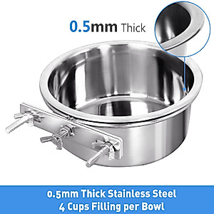 Water Bowl Food Bowl for Kennel Cage Crates, 2 Packs Stainless Steel Bowl Quick Lock Bowls for Dog Cat Bird Guinea Pig Rabbit Chicken Coop - 4 Cups / 1 Quart
