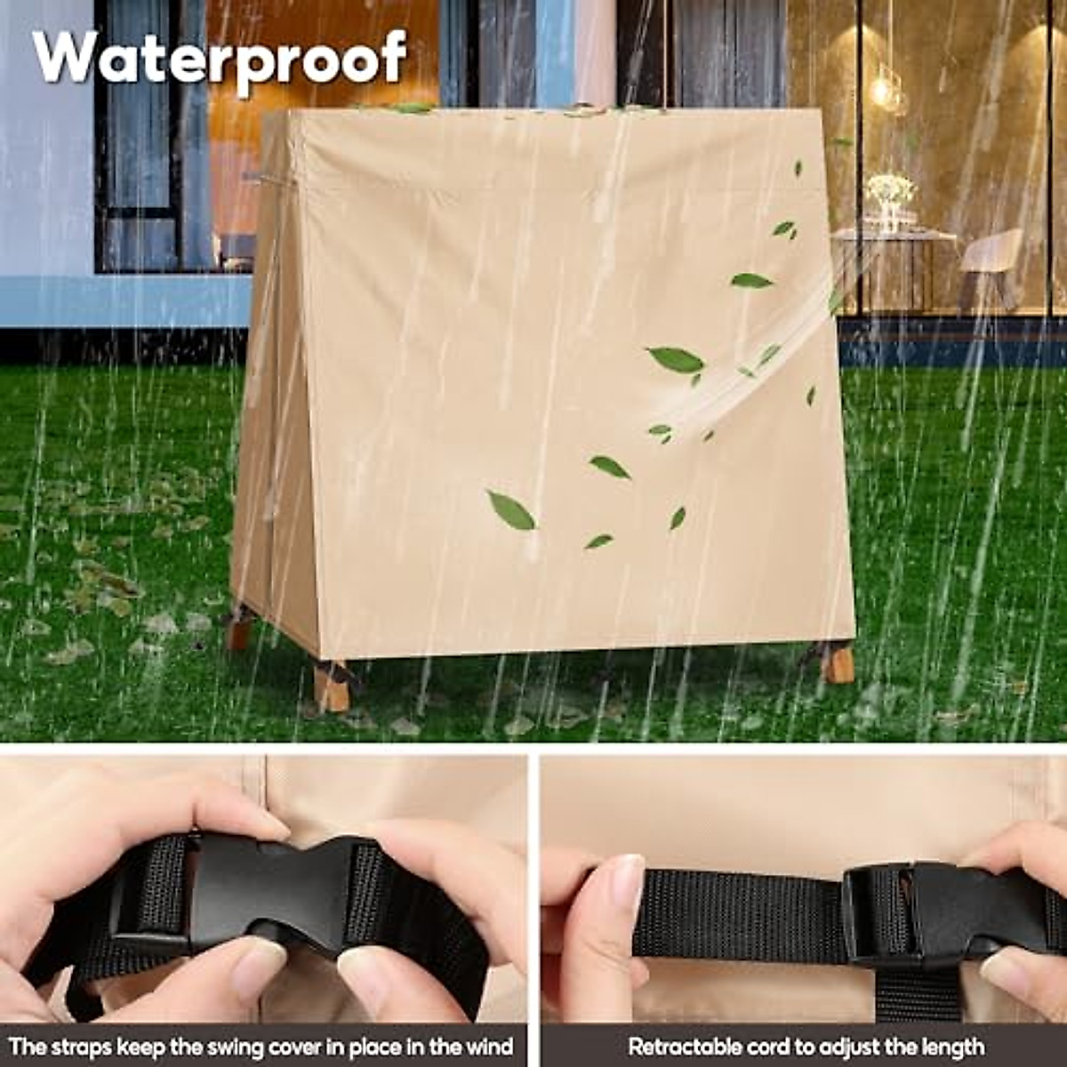 uHousDeco Outdoor Swing Covers for A Frame Patio Swing, 72" L x 55" D x 67" H, A-Frame Swing Cover Waterproof, Porch Patio Swing Canopy Cover, Windproof UV Resistant All Weather Protector - Beige