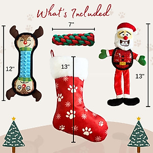 DOGZSTUFF Christmas Dog Toys with Dog Christmas Stocking - 3 Pack Durable Squeaky Xmas Dog Toys for Small Medium and Large Dogs Plus Reusable Holiday Stocking
