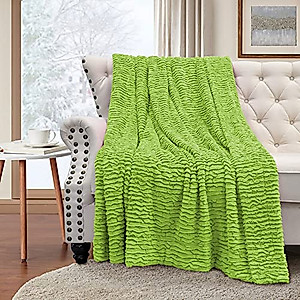 BYTIDE Cloud Striped Oversized Faux Fur Plush Throw Blankets with Rippled/Pleated Design, Super Soft Warm Cozy Fluffy Fuzzy Luxury Throw for Couch Sofa Chair Bed Cover, 60 x 70 in, Lime Green
