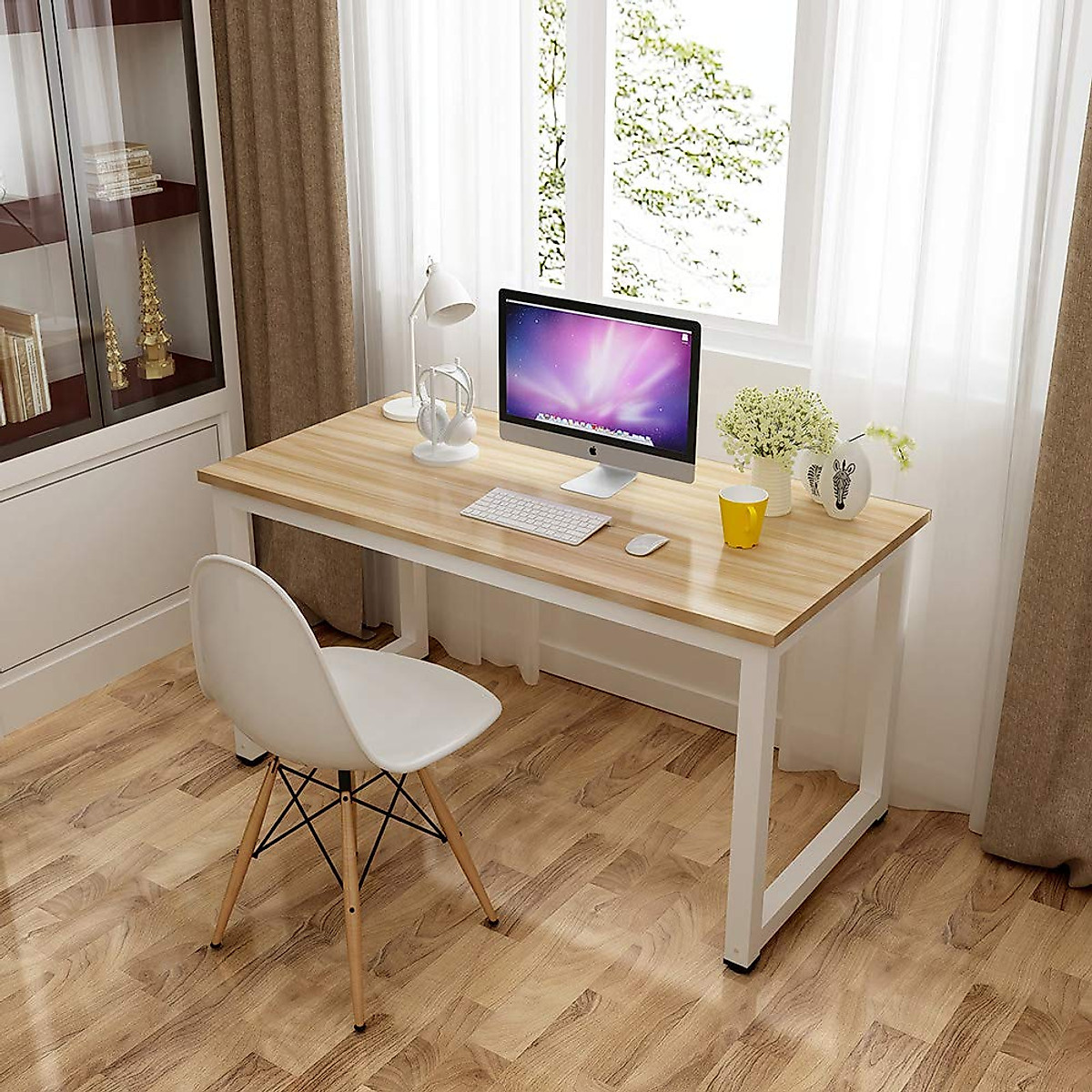Computer Desk, 43in Wood Work Desk Large Gaming Writing Desk PC Laptop Table Study Workstation Home Office Furniture (Burlywood)
