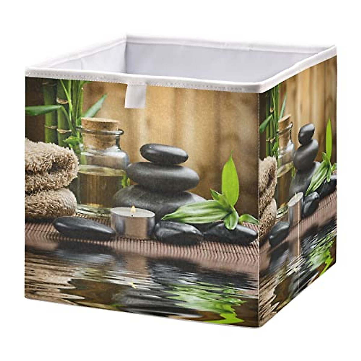 Nesatuwa Zen Basalt Stones on Wood Rectangular Storage Box,Large Collapsible Organizer Storage Basket,Toy Storage Box for Clothes Toys Home Decor 15.8x10.6x7 In