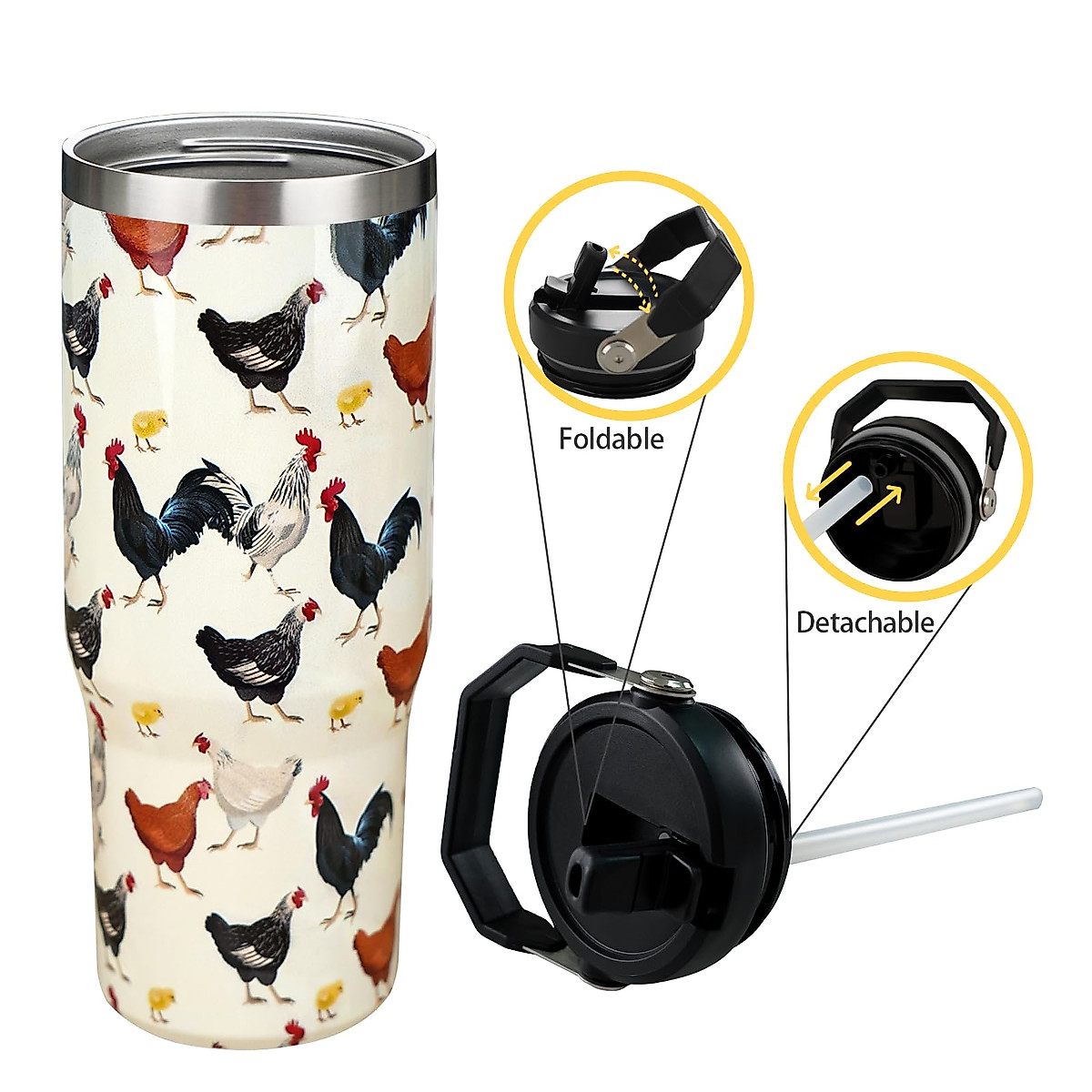 Exacmos 30oz Chicken Tumbler with Handle and Straw, Stainless Steel Vacuum Insulated Flip Straw 30 oz Coffee Rooster Tumbler, Spill Proof Travel Mug, Chicken Decor Gifts for Women